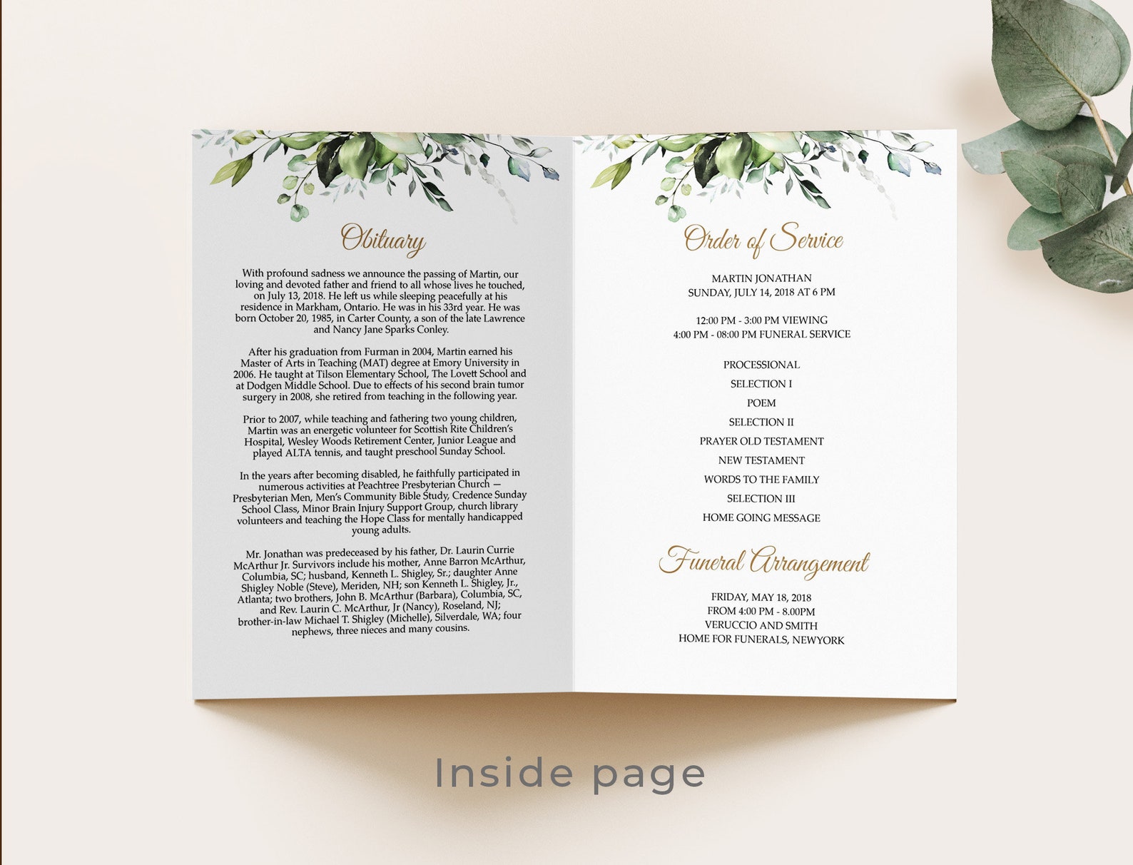 Editable Funeral Program Template, Funeral Memorial, Greenery Order of ...