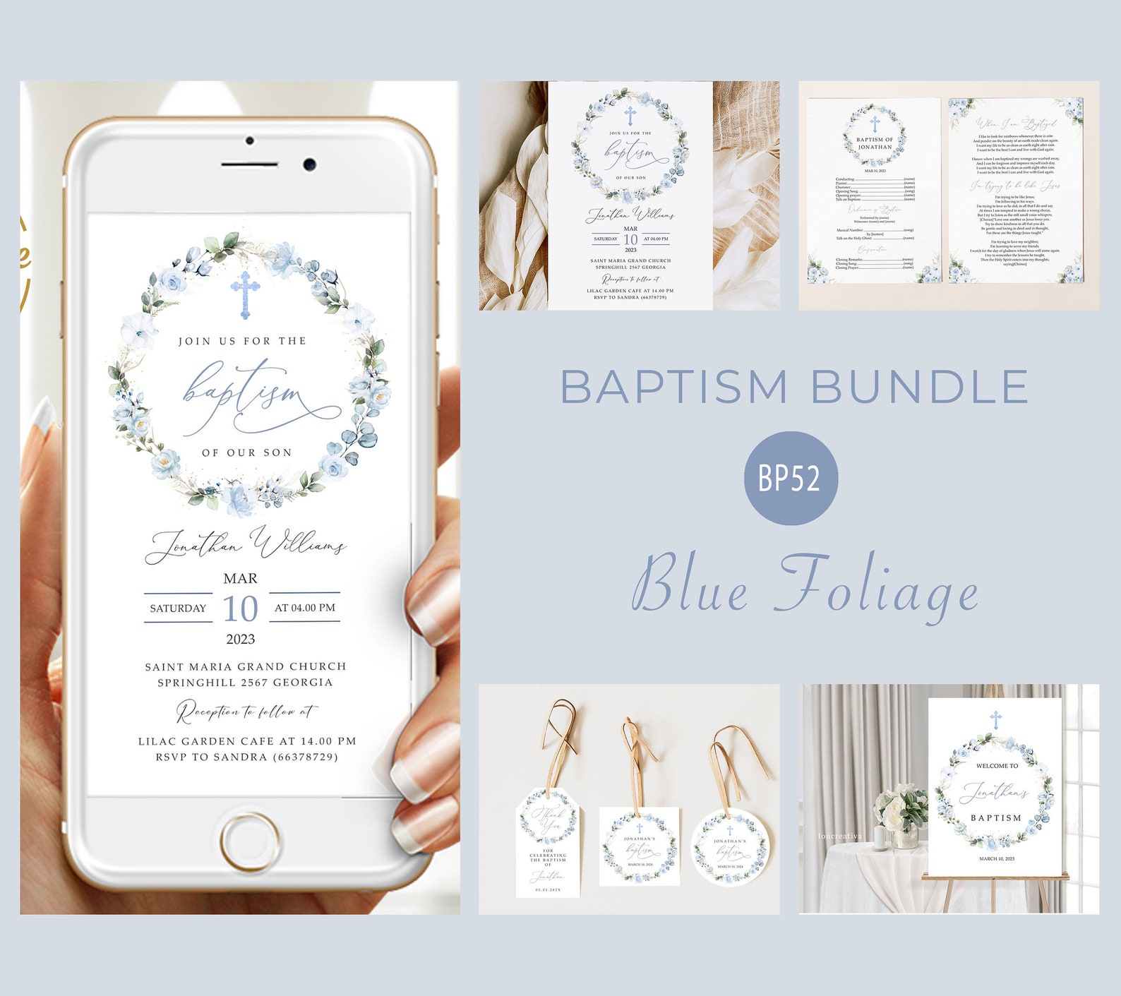 Boy Baptism Invitation Bundle, Christening Bundle, Boy Blue Christening, Editable Bundle, Boy ...