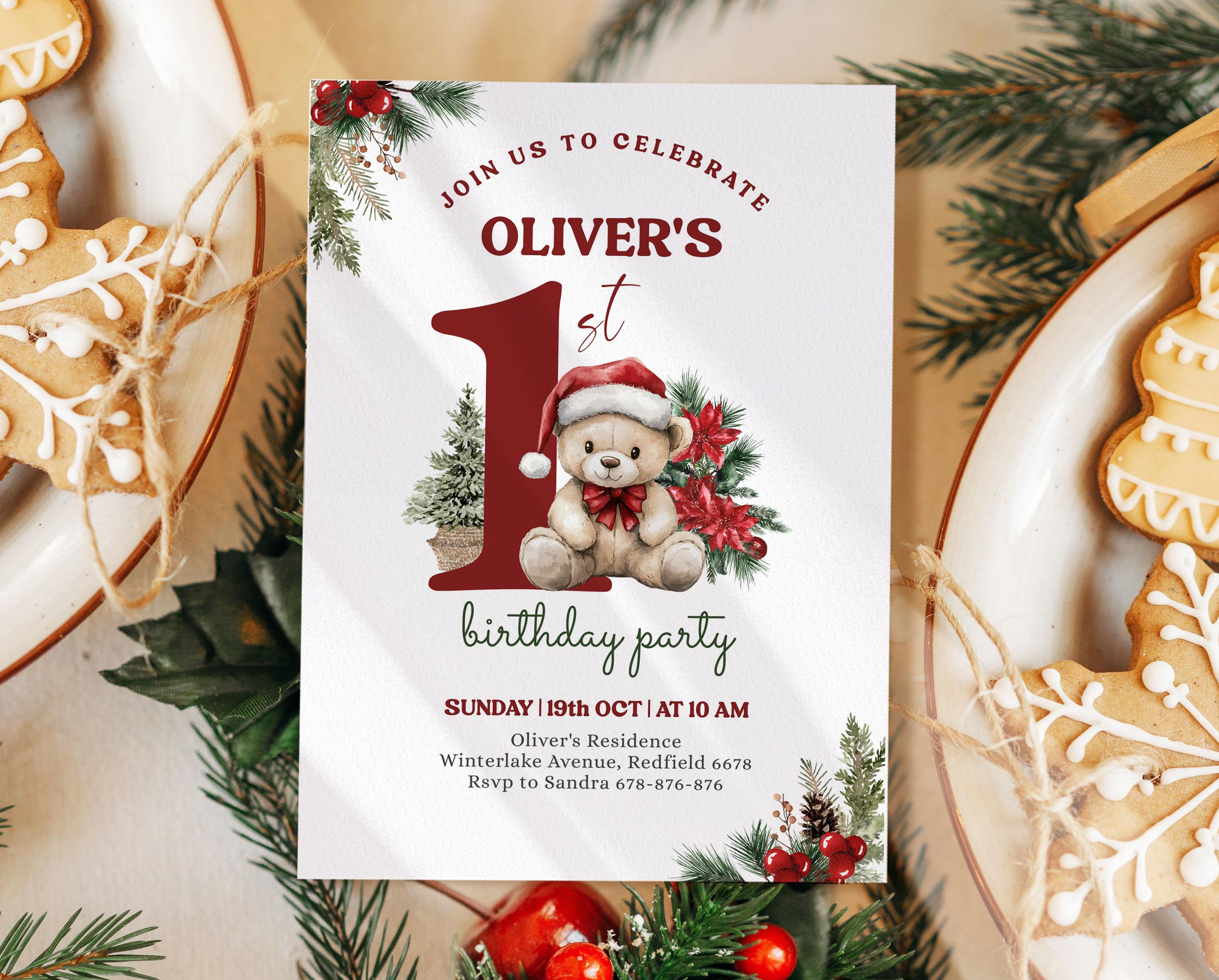Onederful Christmas Birthday Invitation, 1st Birthday Bear Christmas ...