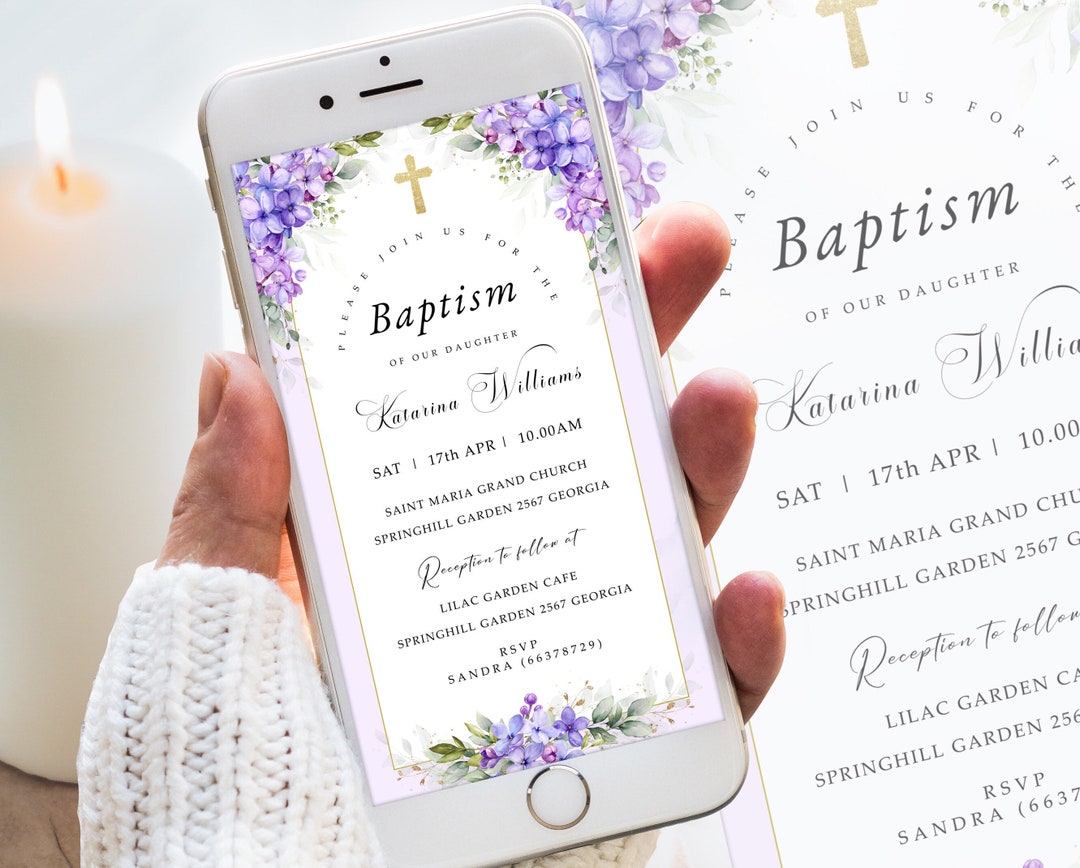 Digital Baptism Text Invitation Template, Lavender Flowers, Purple ...