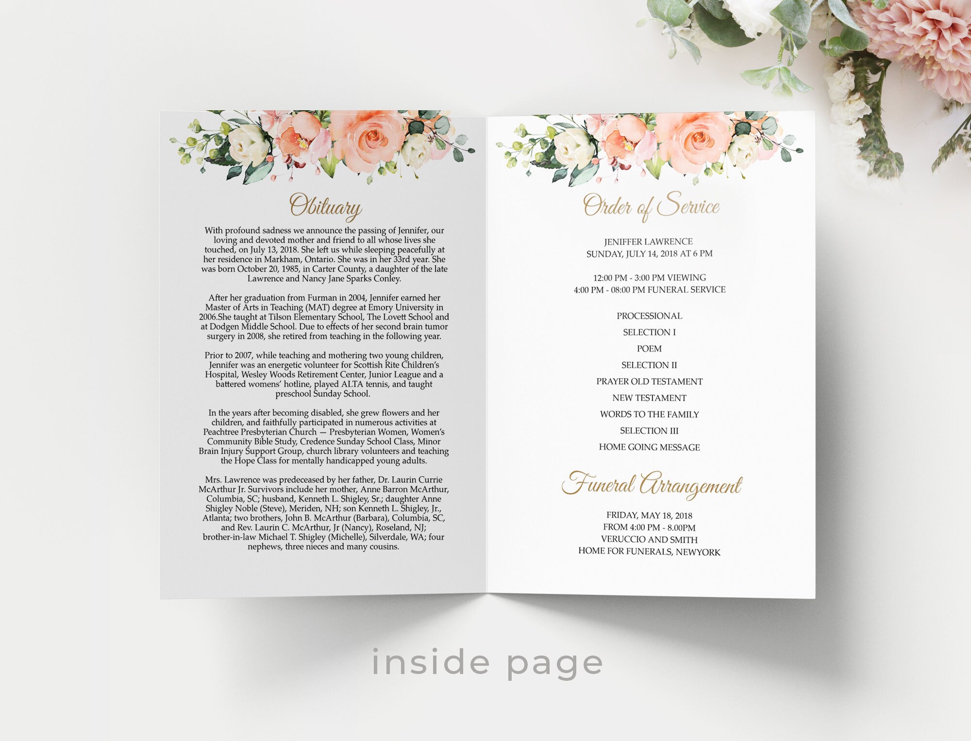 Editable Orange Floral Funeral Program Template Celebrating the Life of ...