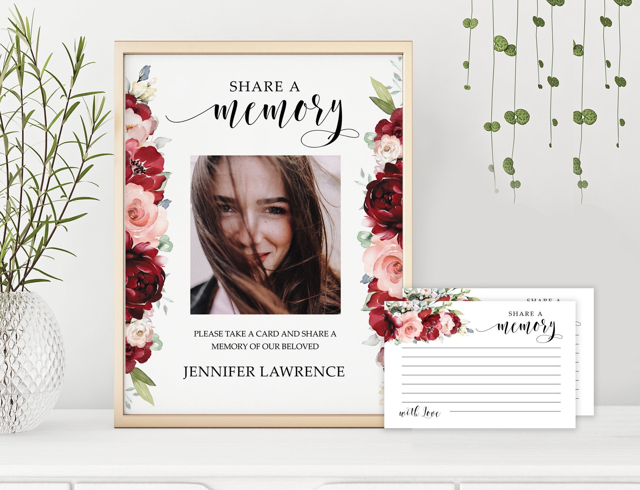Editable Red Rose Share A Memory Cards & Sign Funeral Memory Card ...