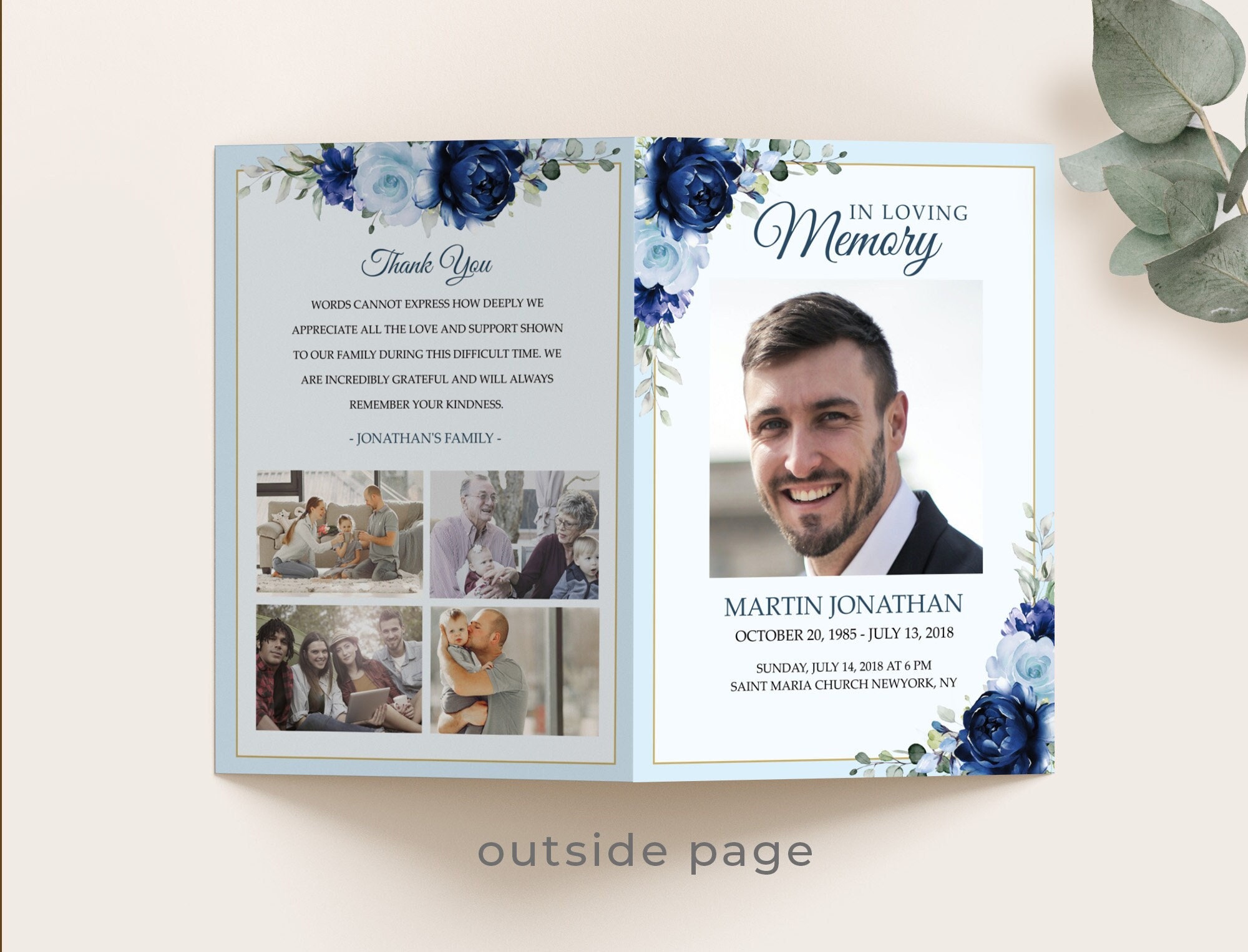 Editable Funeral Program Template for Men Blue Roses, Funeral Program ...