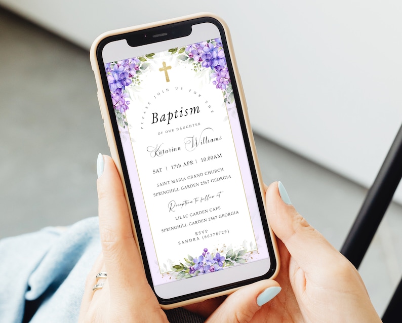 Digital Baptism Text Invitation Template, Lavender Flowers, Purple ...