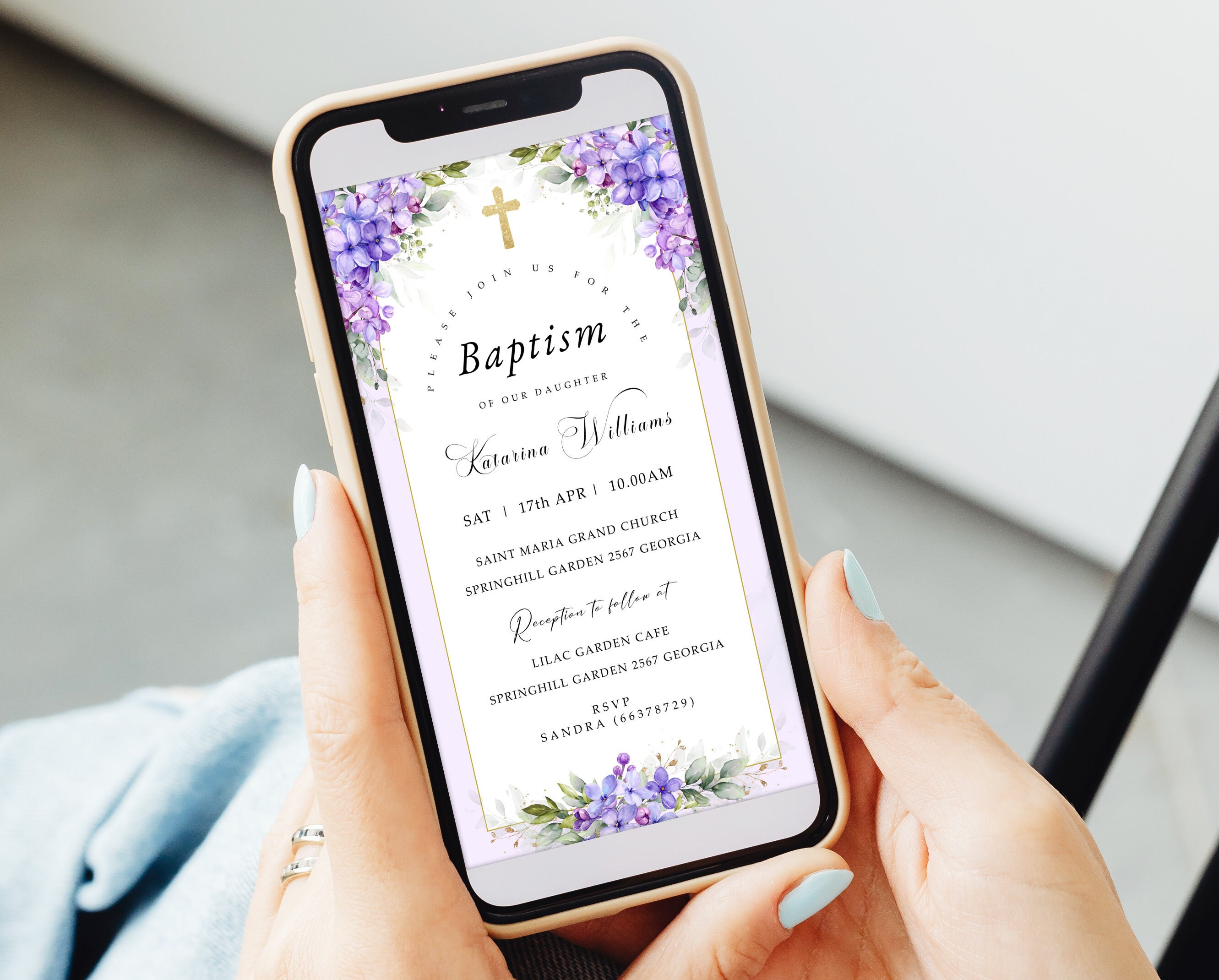 Digital Baptism Text Invitation Template, Lavender Flowers, Purple ...