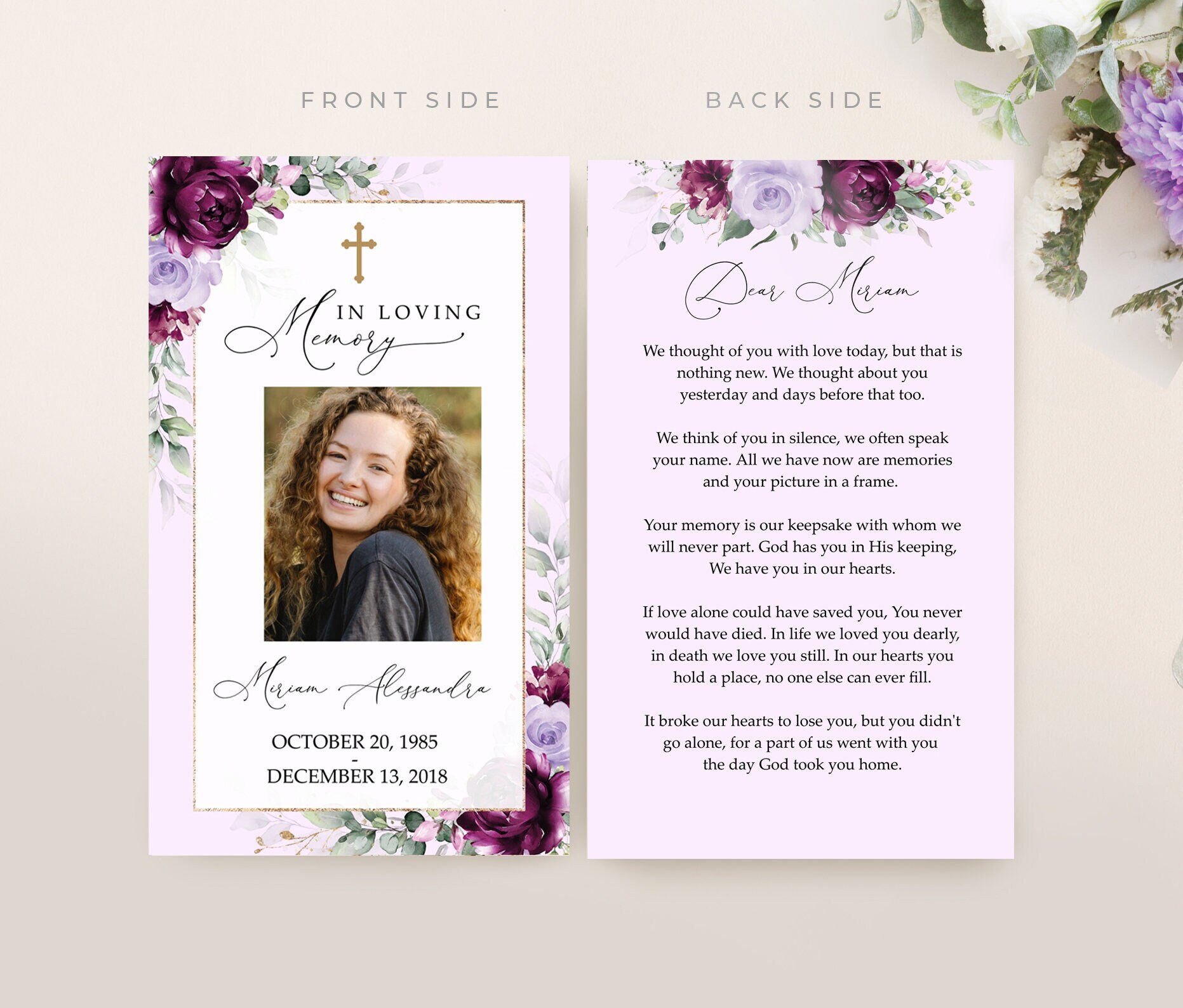 Prayer Card Template, Memorial Prayer Card, Purple Rose Funeral Card ...
