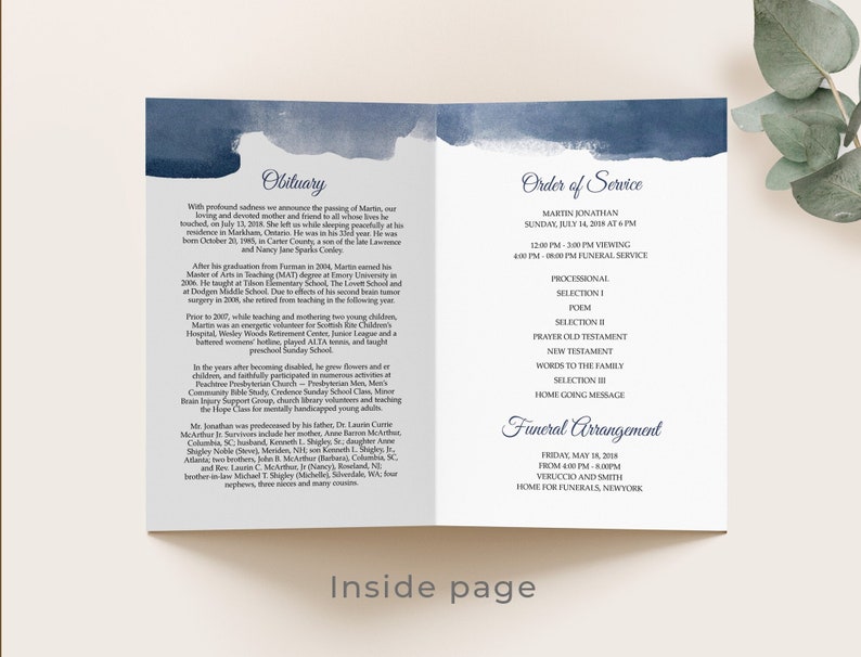 Blue Funeral Program Template Memorial Program Template Order of Service Editable Funeral ...