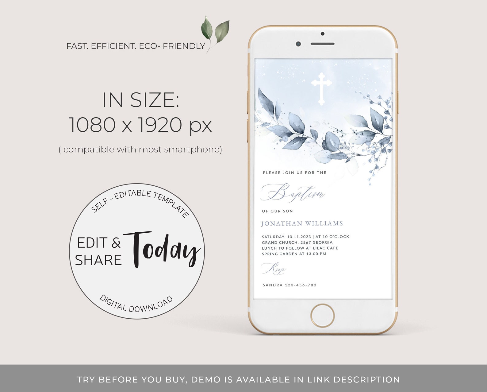 Digital Baptism Text Invitation Template, Blue Leaves Theme, Blue ...