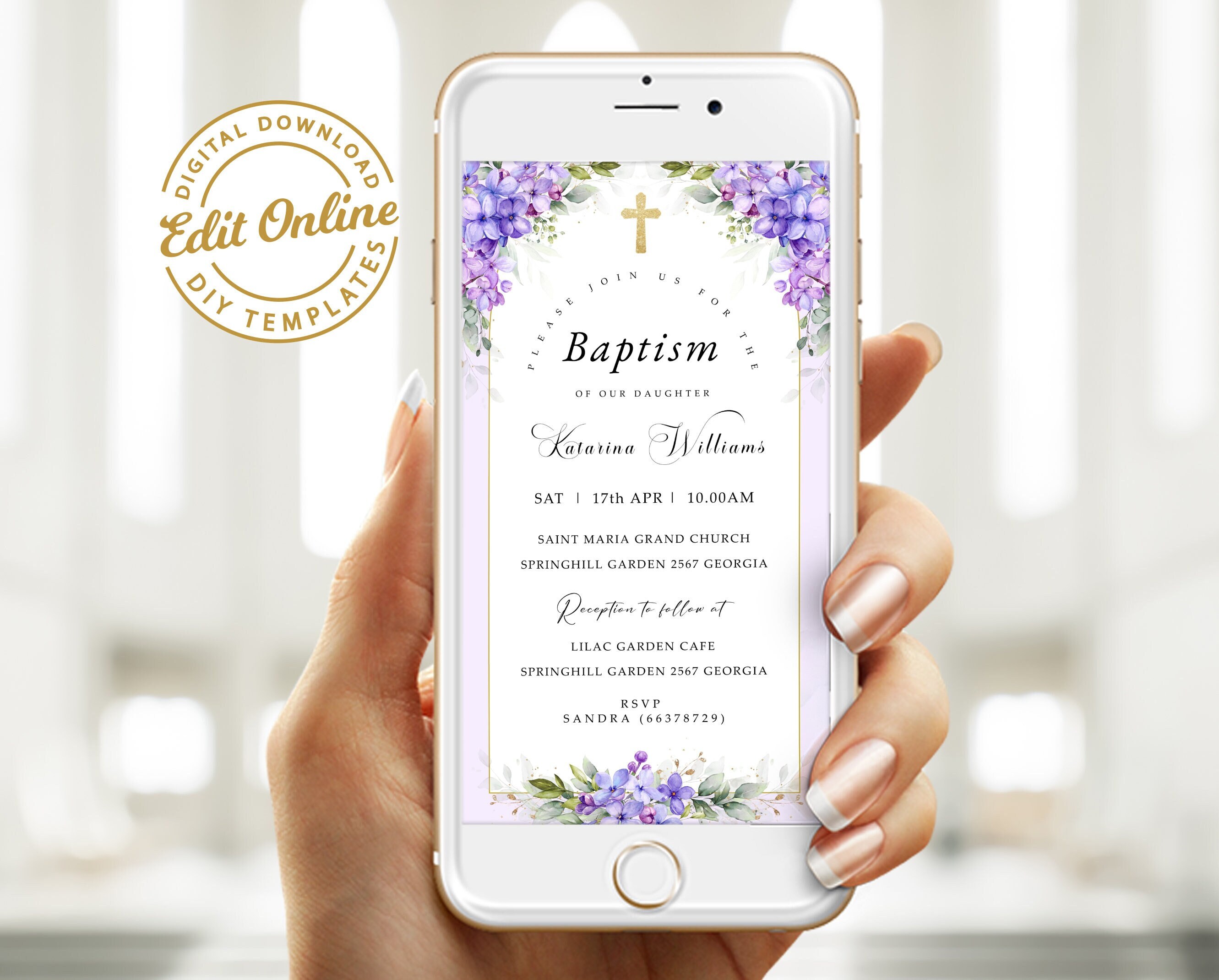 Digital Baptism Text Invitation Template, Lavender Flowers, Purple ...