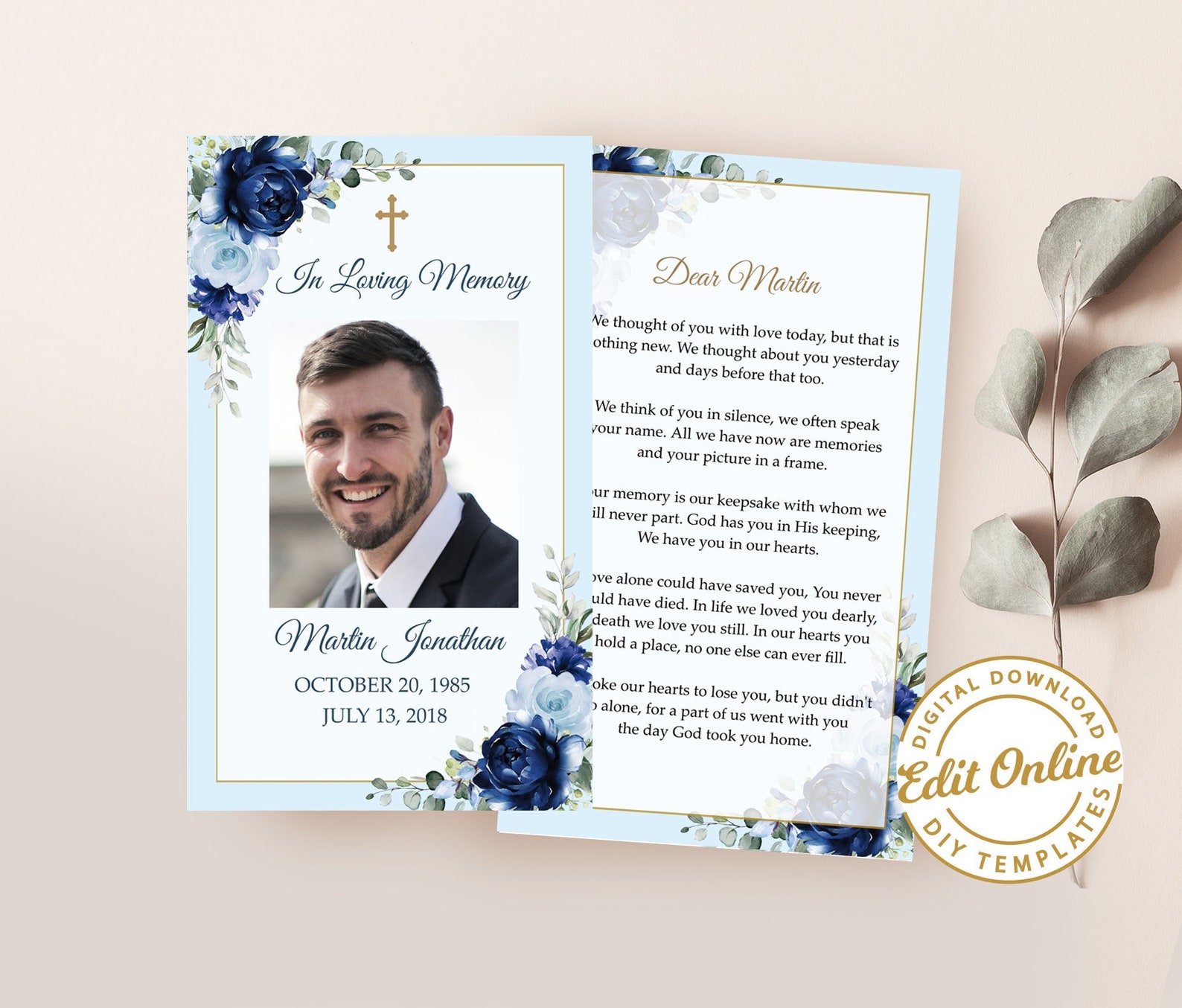 Editable Funeral Prayer Card Template Blue Roses Editable Memorial ...