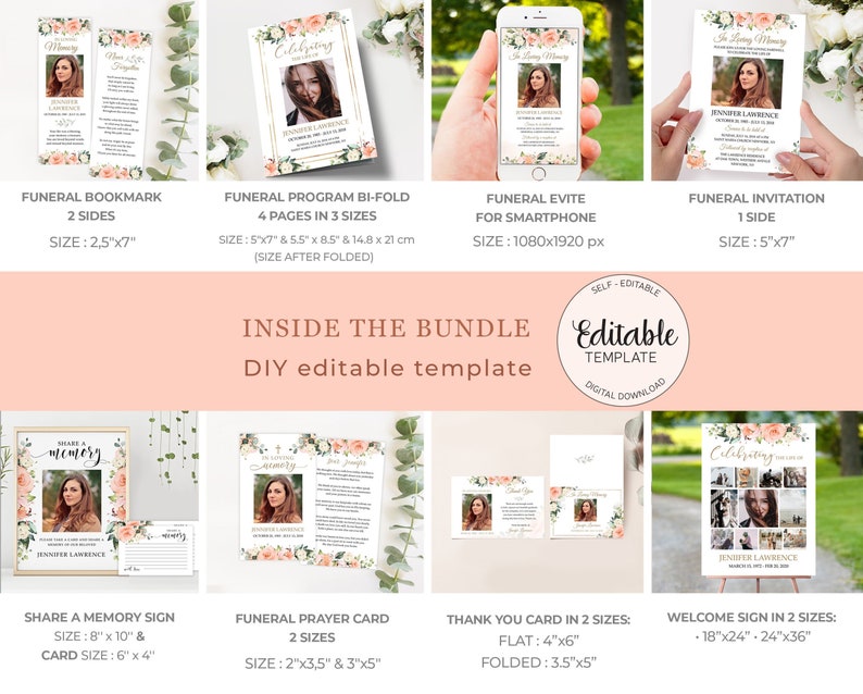 Editable Funeral Bundle Template Pink White Roses, Floral Celebration ...