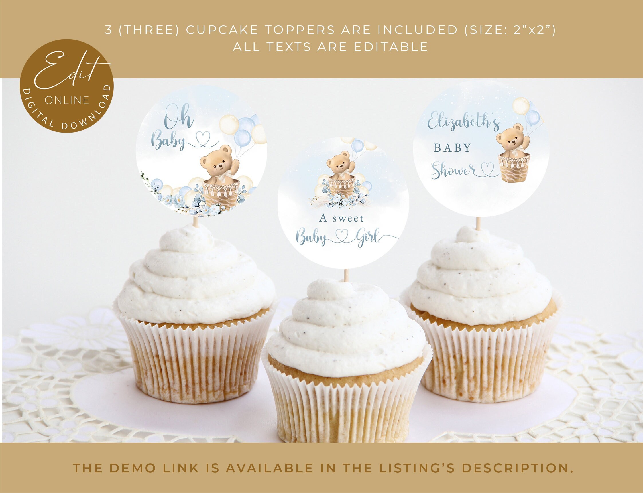 Bear Blue Balloon Baby Shower Cupcake Toppers, Blue Baby Shower Cupcake ...
