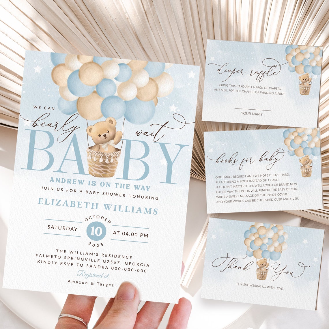 Editable Teddy Bear Hot Air Balloon Bear Theme Baby Shower Invitation ...