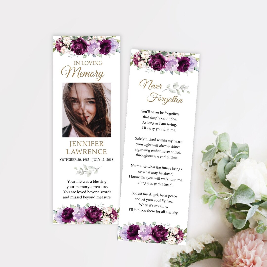 Purple Flower Funeral Bookmark Template Floral Burgundy Plum Memorial ...