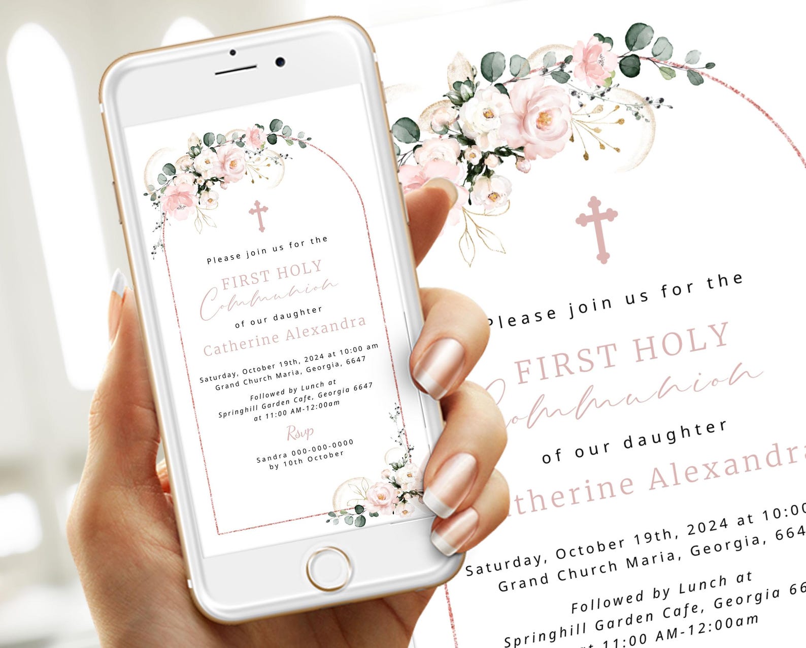 Digital First Holy Communion Text Invitation Template Rustic Pink ...