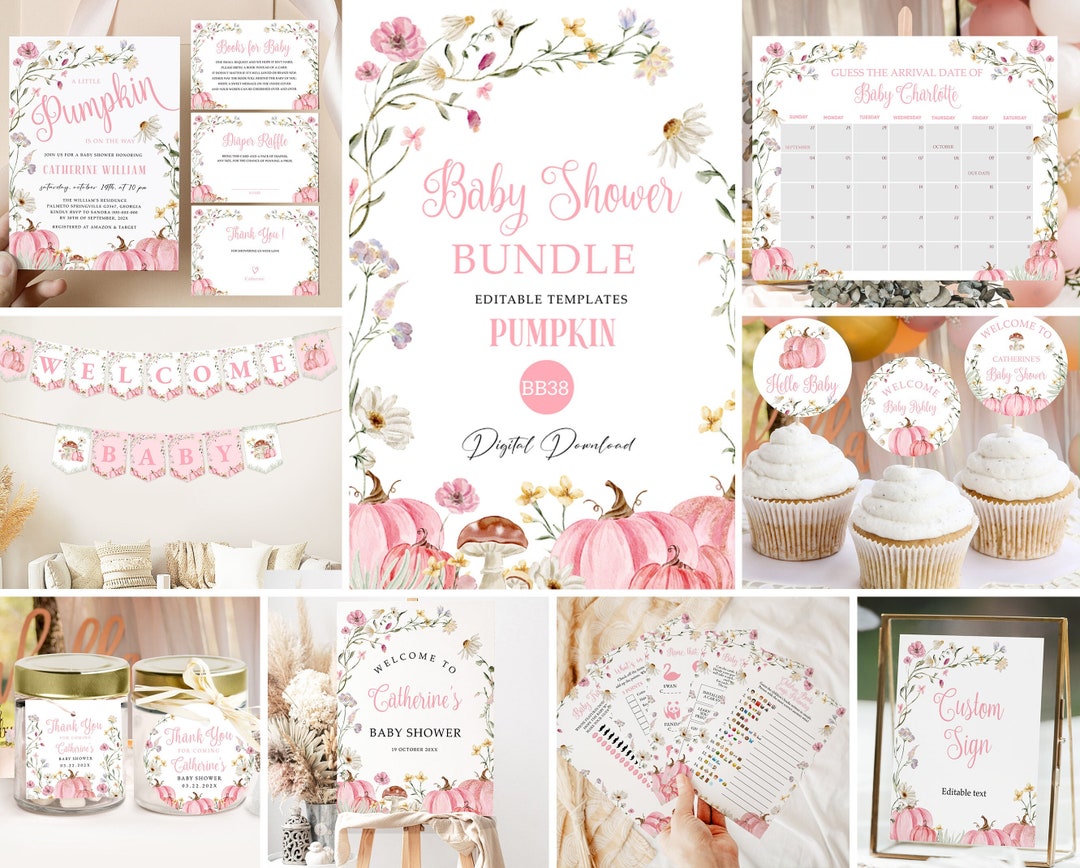 Editable Little Pumpkin Fall Baby Shower Bundle Template Pink Pumpkin ...
