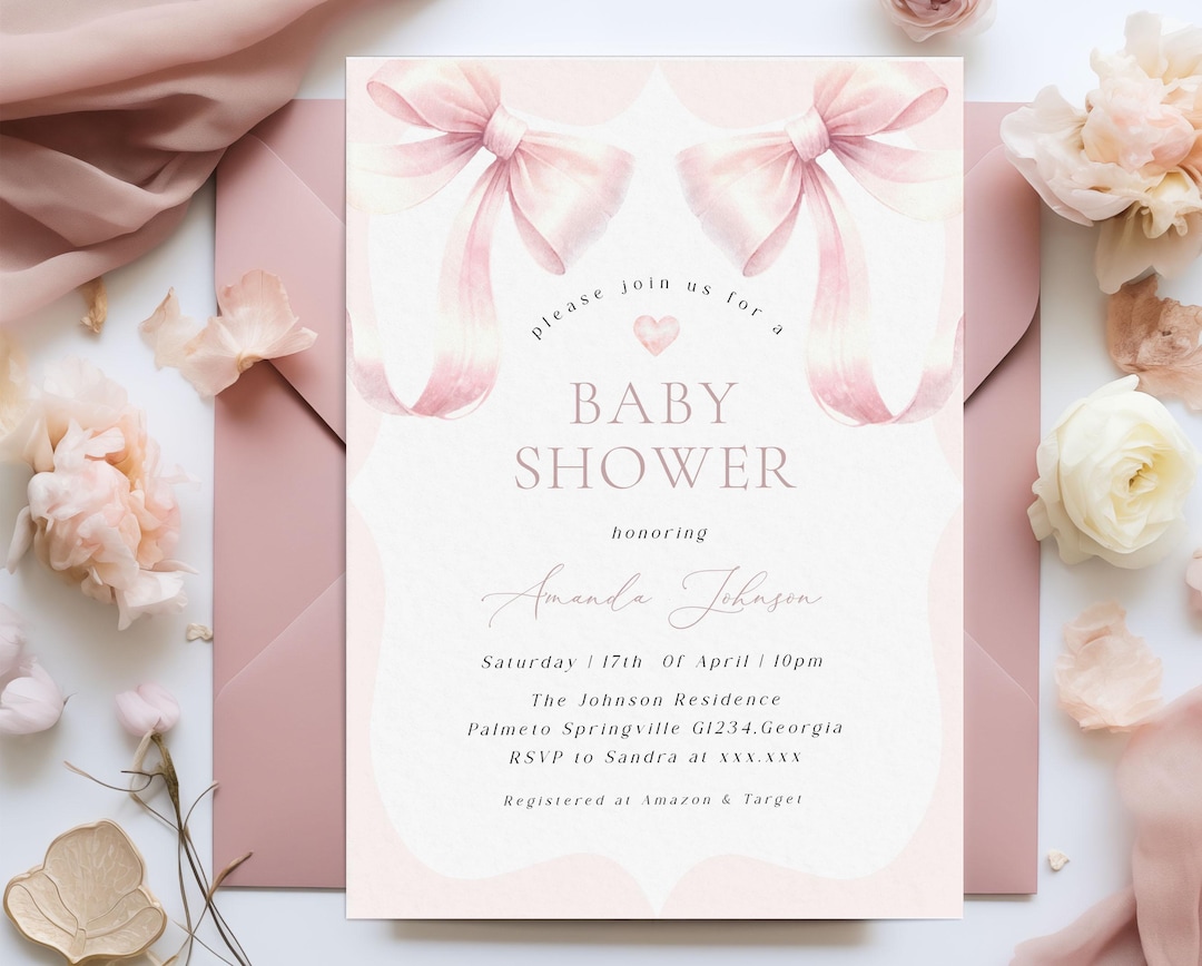 Editable Pink Bow Baby Shower Invitation Template Printable Baby Girl ...
