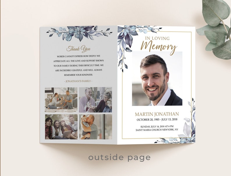 Editable Funeral Program Template, Funeral Blue Leaves Theme, Obituary ...