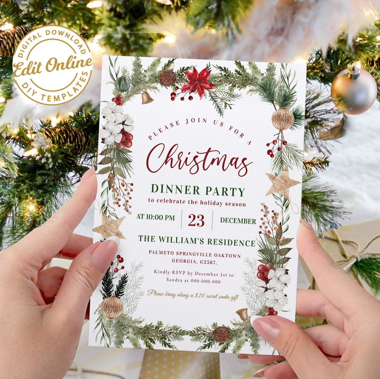 Editable Christmas Holiday Party Invitation Template, Christmas ...