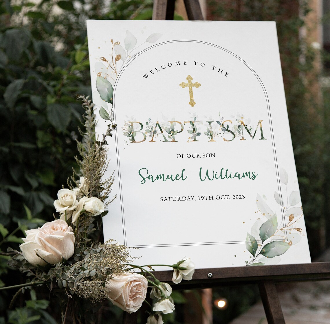 Editable Greenery Baptism Welcome Sign Template Greenery Arch Gold ...