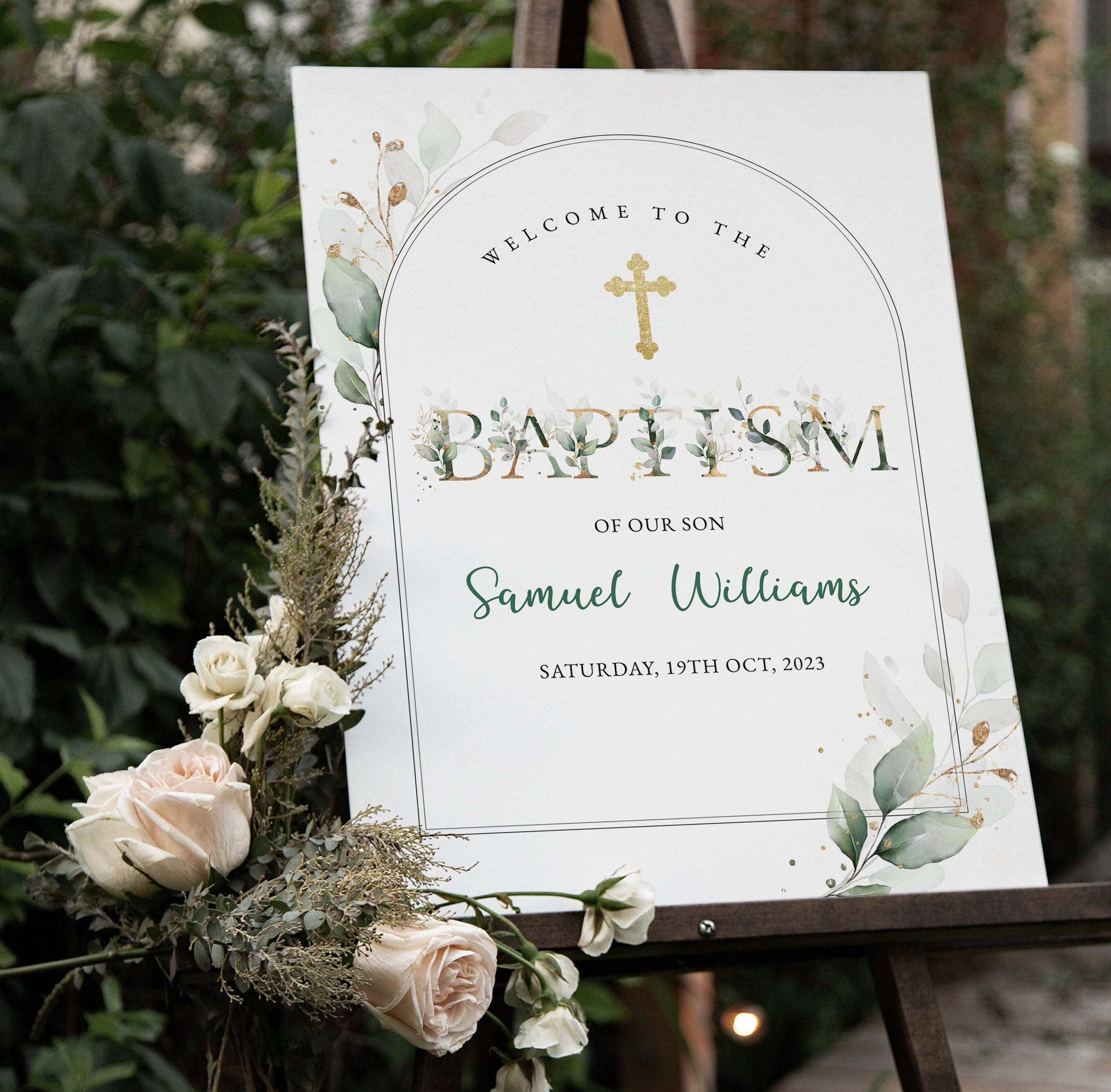 Editable Greenery Baptism Welcome Sign Template Greenery Arch Gold ...