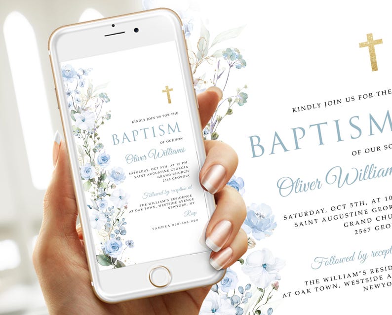 Digital Baptism Text Invitation Template, Rustic Blue Flowers, Blue ...