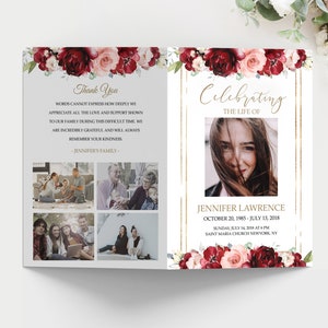Editable Funeral Program Template, Funeral Memorial, Red Roses Order of ...