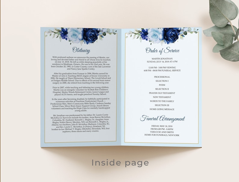 Editable Funeral Program Template for Men Blue Roses, Funeral Program ...