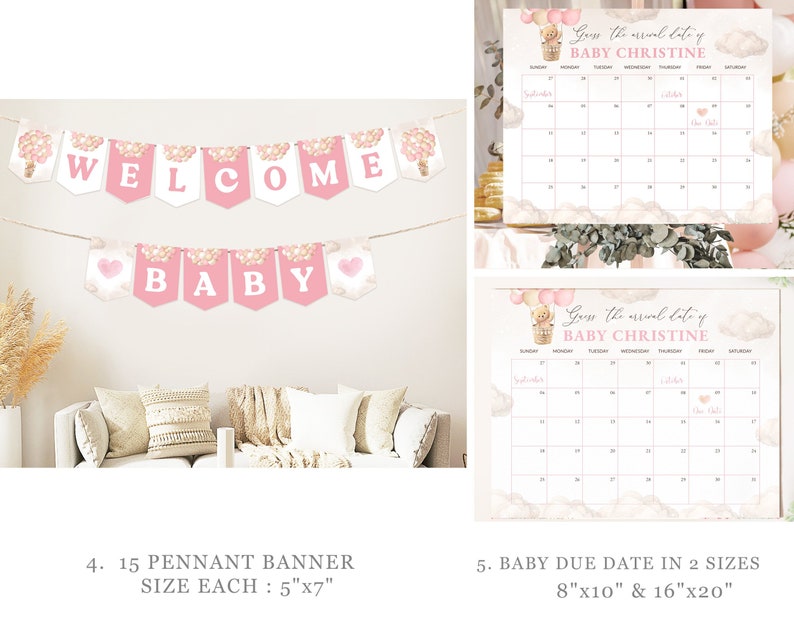 Pink Bear Baby Shower Bundle Air Balloon Invitation Bundle Pink Girl ...