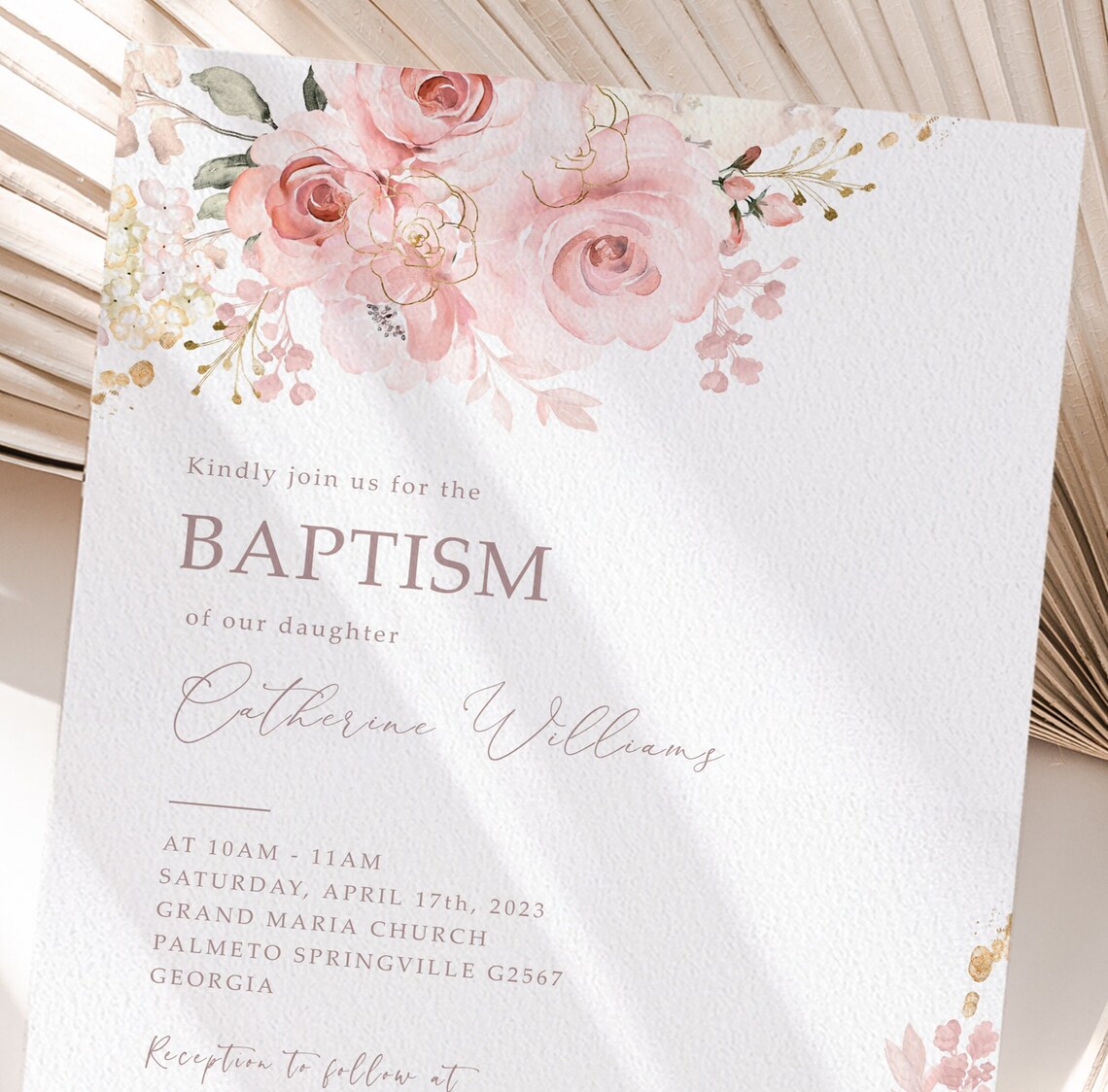Editable Girl Baptism Invitation Template, Dusty Pink Rose Flowers ...