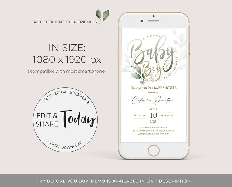 Electronic Baby Shower Invitation, Greenery Electronic Baby Shower ...