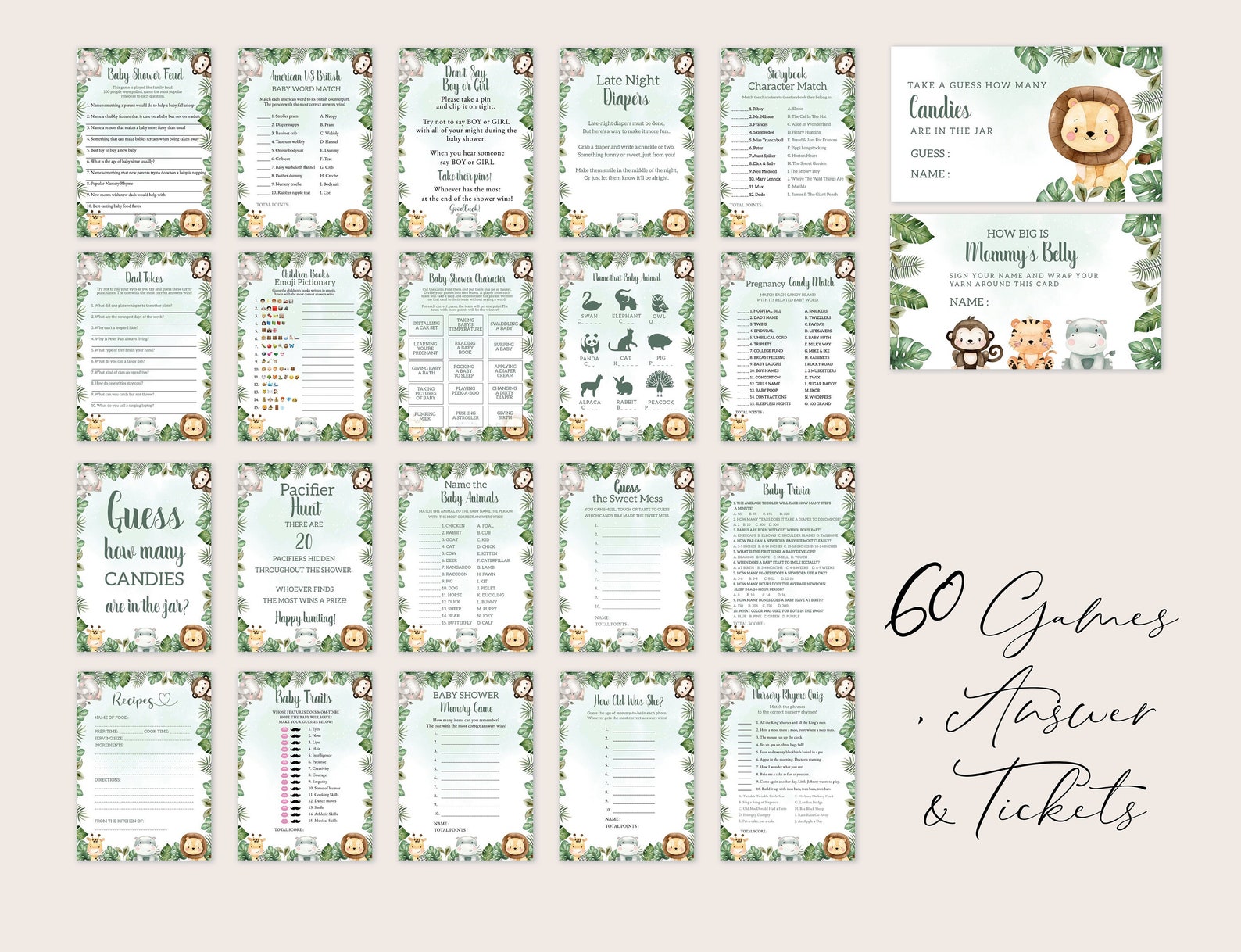 Jungle Safari Animals Baby Shower Games Bundle,baby Shower Games,safari ...