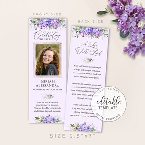 Purple Flower Funeral Bookmark Template Floral Lilac Memorial Bookmark ...