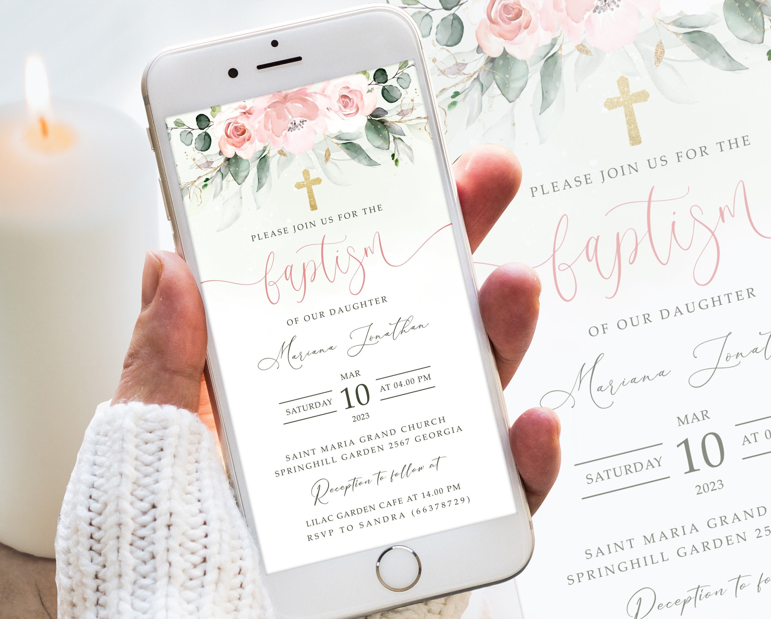 Digital Baptism Text Invitation Template, Evite Pink Greenery Baptism Text Invite, Editable ...
