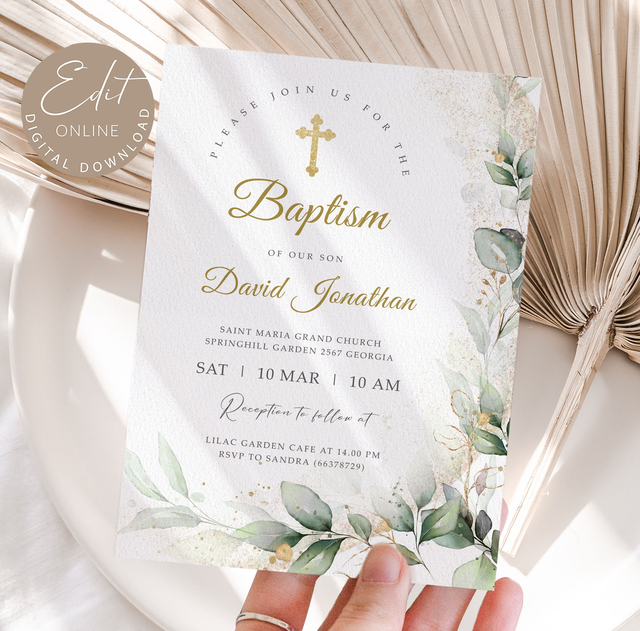 Editable Baptism Invitation Template, Greenery Baptism Invitation ...