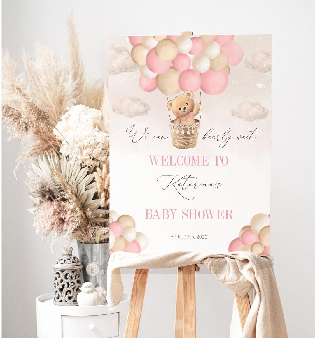 Editable Teddy Bear Theme Baby Welcome Sign, Pink We Can Bearly Wait ...