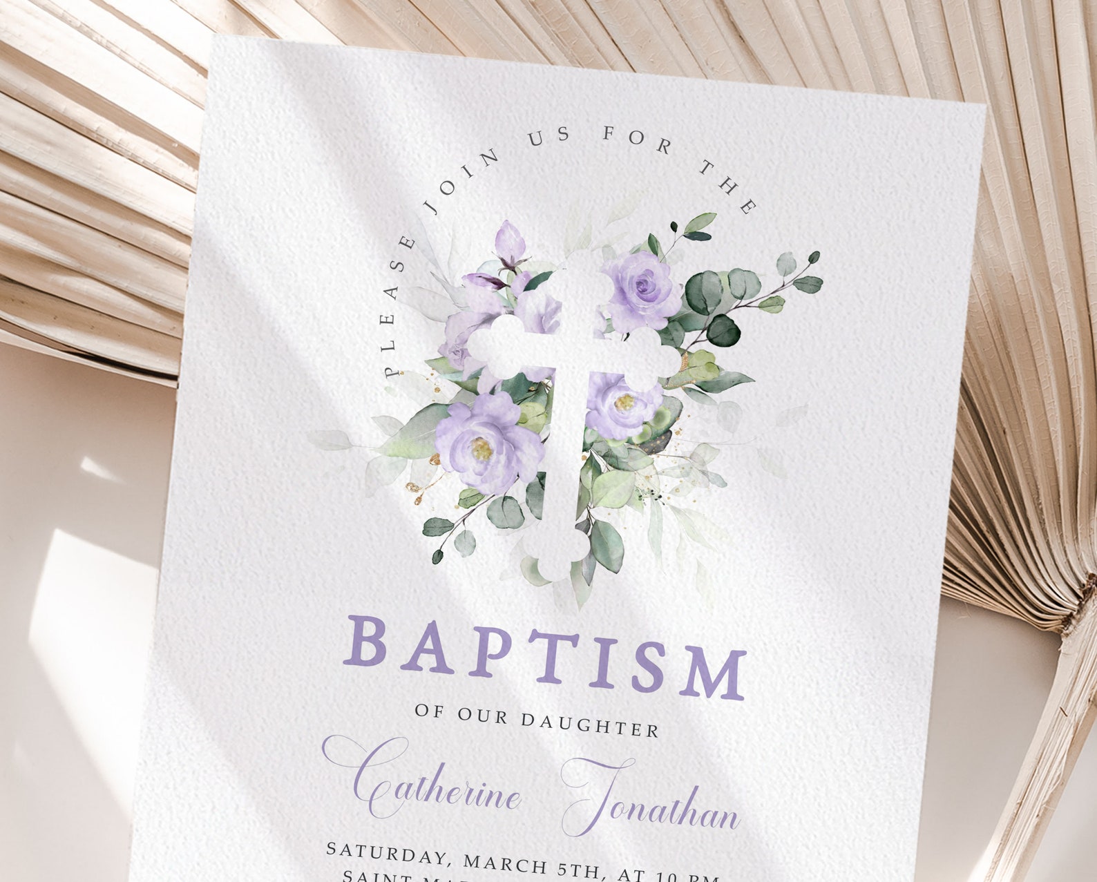 Editable Baptism Invitation Template, Purple Rose Flower Theme, White ...