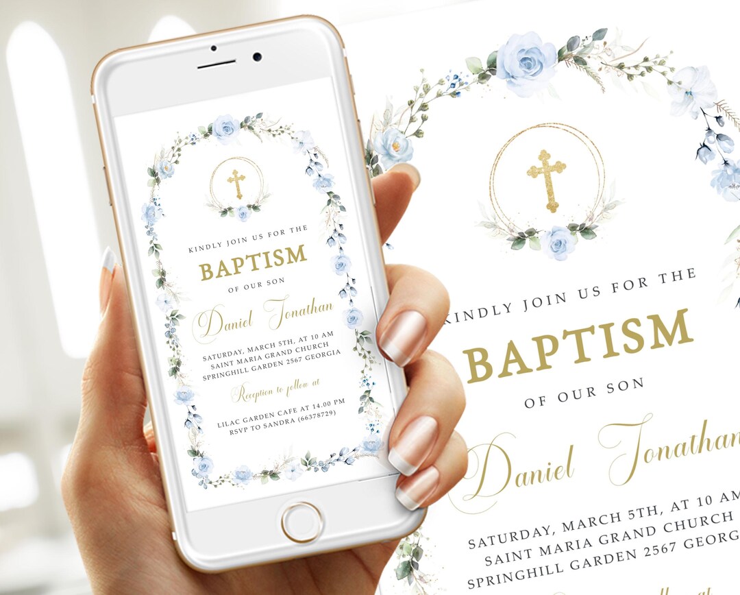 Digital Baptism Text Invitation Template, Rustic Arch Blue Flowers ...