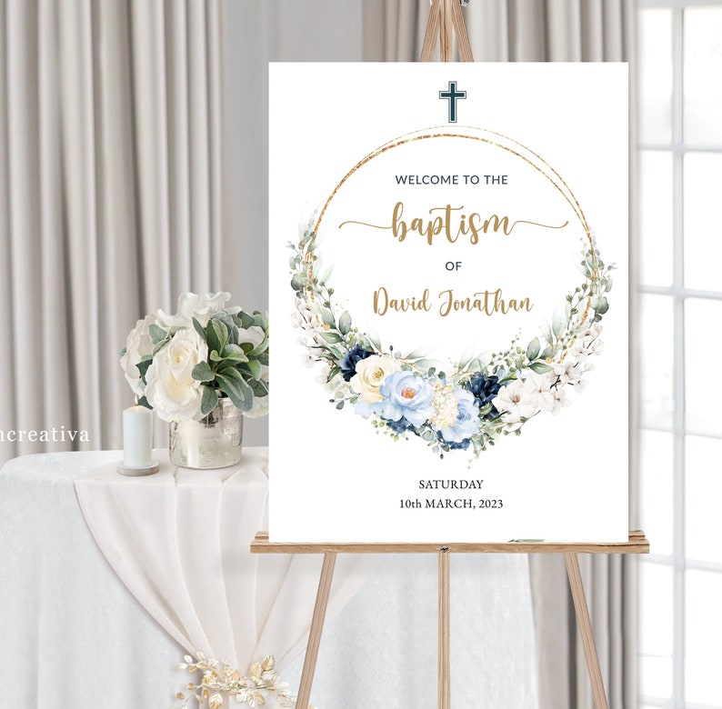 Editable Baptism Welcome Sign Template, Dusty Blue Foliage Baptism ...