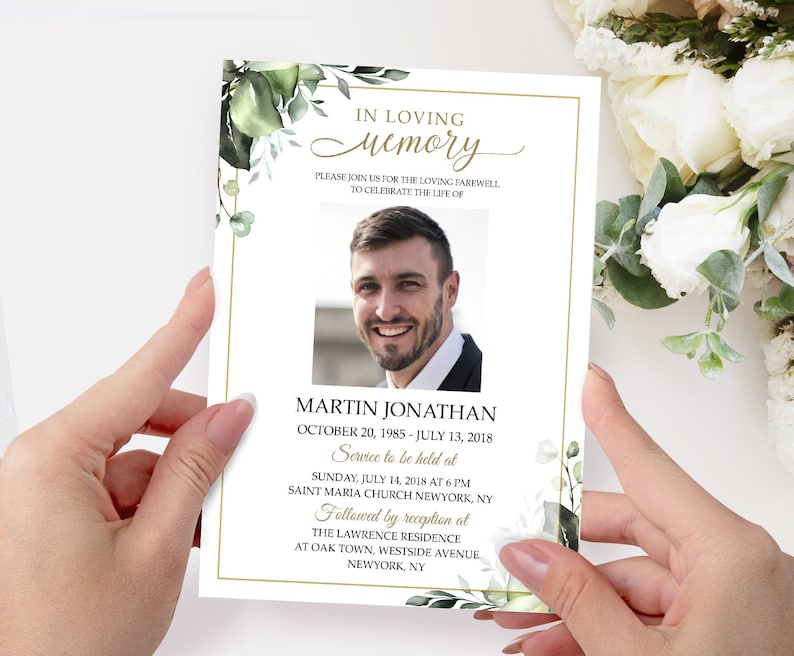 Editable Greenery Funeral Invitation Green Funeral Announcement Template in Loving Memory ...