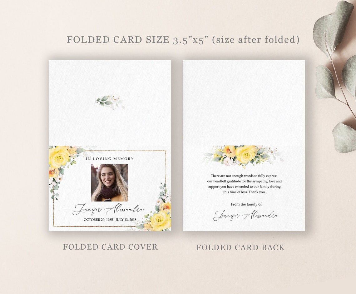 F41 Funeral Thank You Card Template Yellow Rose Flower Greenery ...