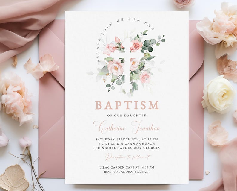 Editable Pink Floral Baptism Invitation Template, Girls Baptism Invite ...