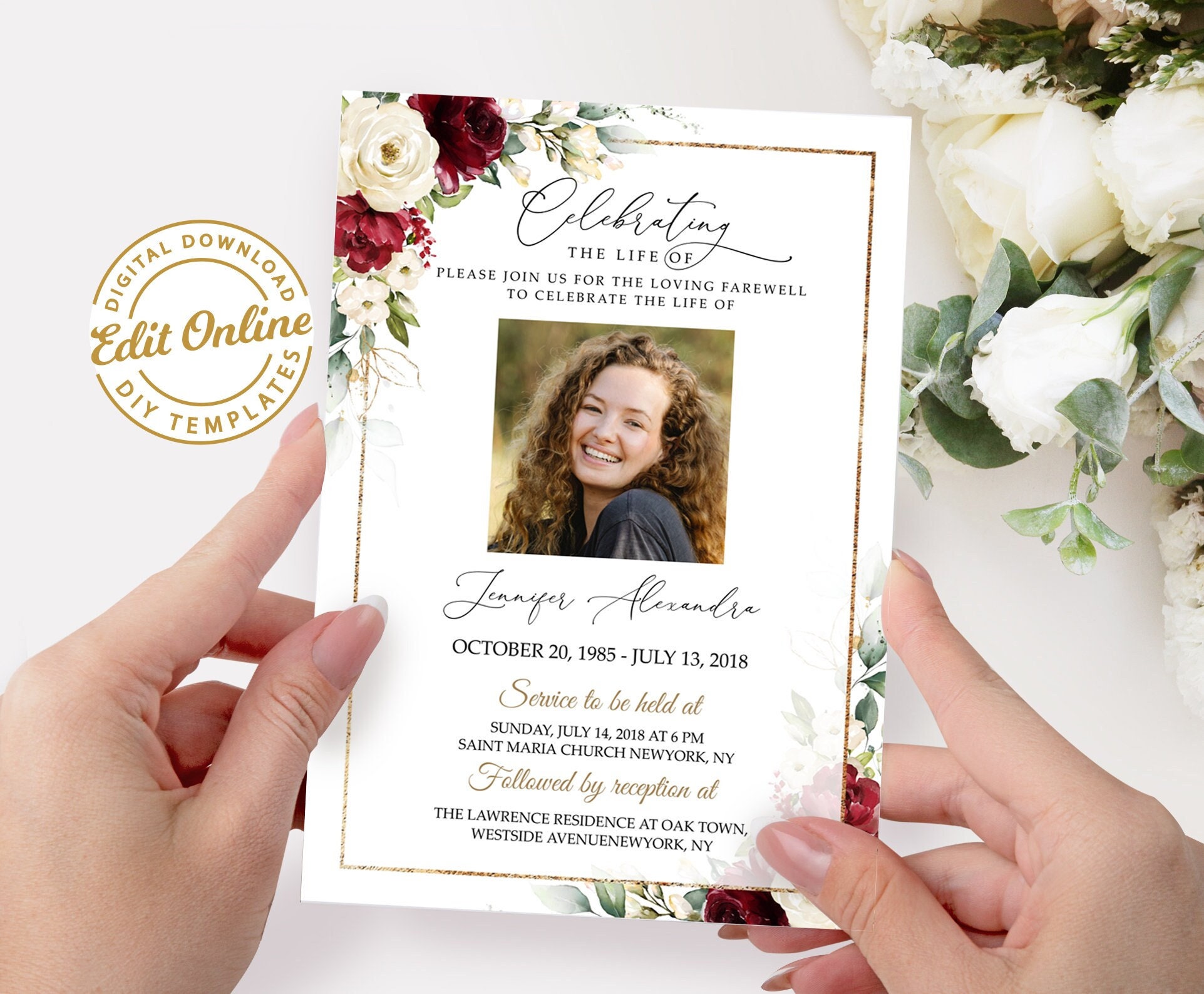 Red White Roses Funeral Invitation Funeral Announcement Card Template ...