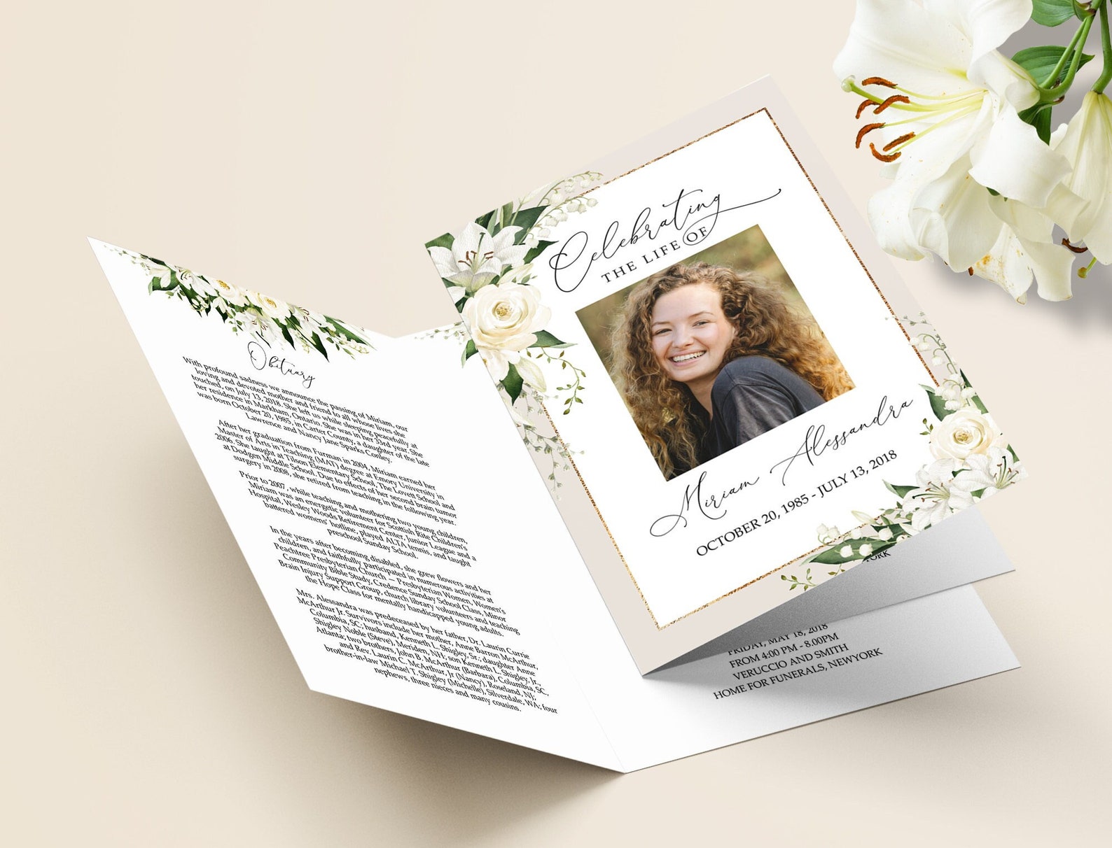Editable White Lily Floral Funeral Program Template Celebrating the ...