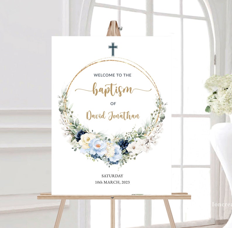 Editable Baptism Welcome Sign Template, Dusty Blue Foliage Baptism ...