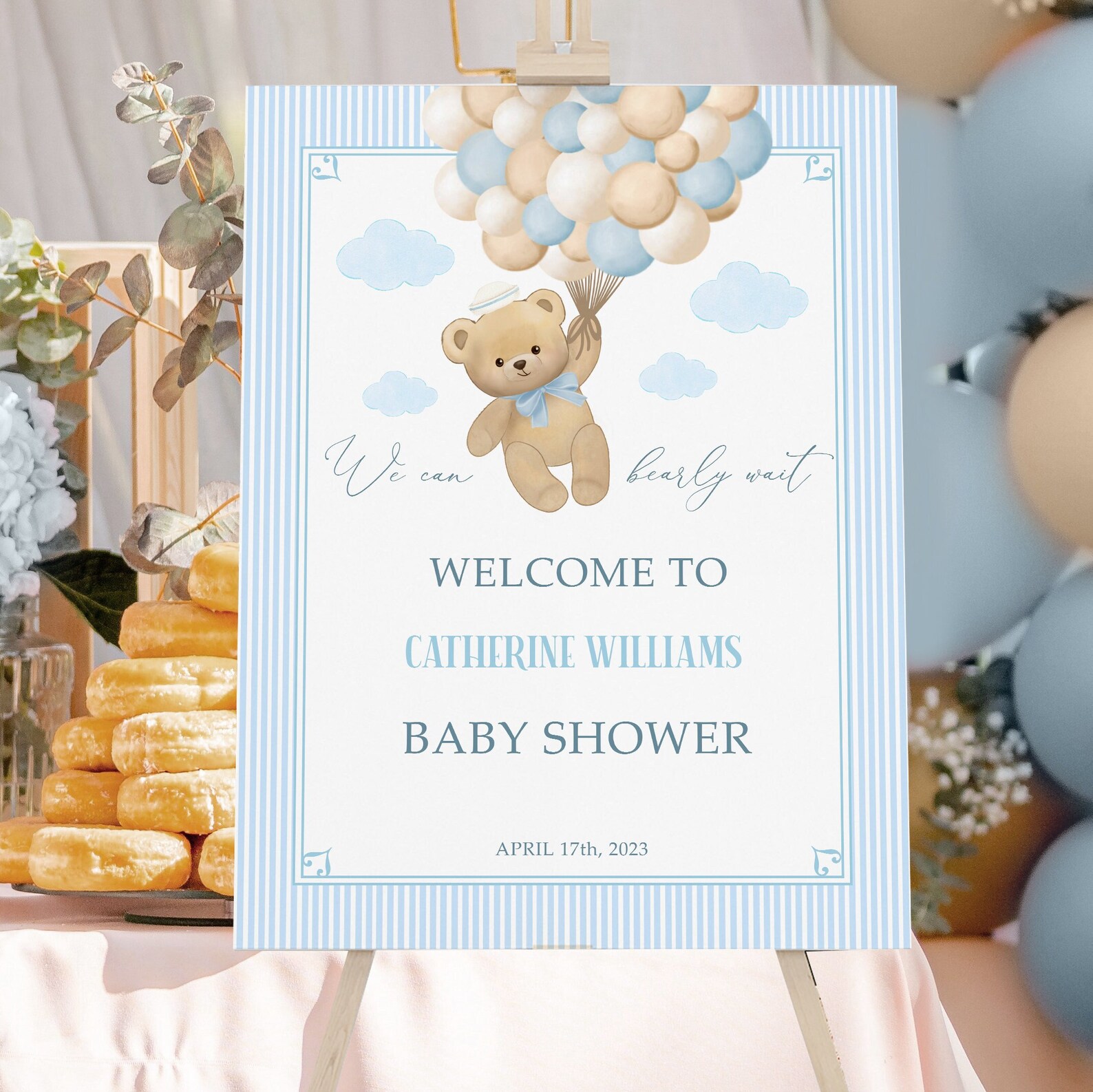Editable Teddy Bear Baby Shower Welcome Sign, Blue Teddy Bear Baby ...