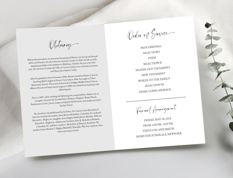 Minimalist Funeral Program Template Simple Funeral Memorial Program Printable Order of Service ...