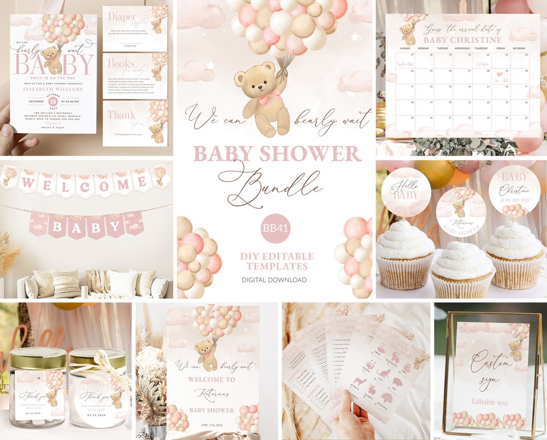 Bear Baby Shower Bundle Air Balloon Invitation Bundle Pink Girl ...