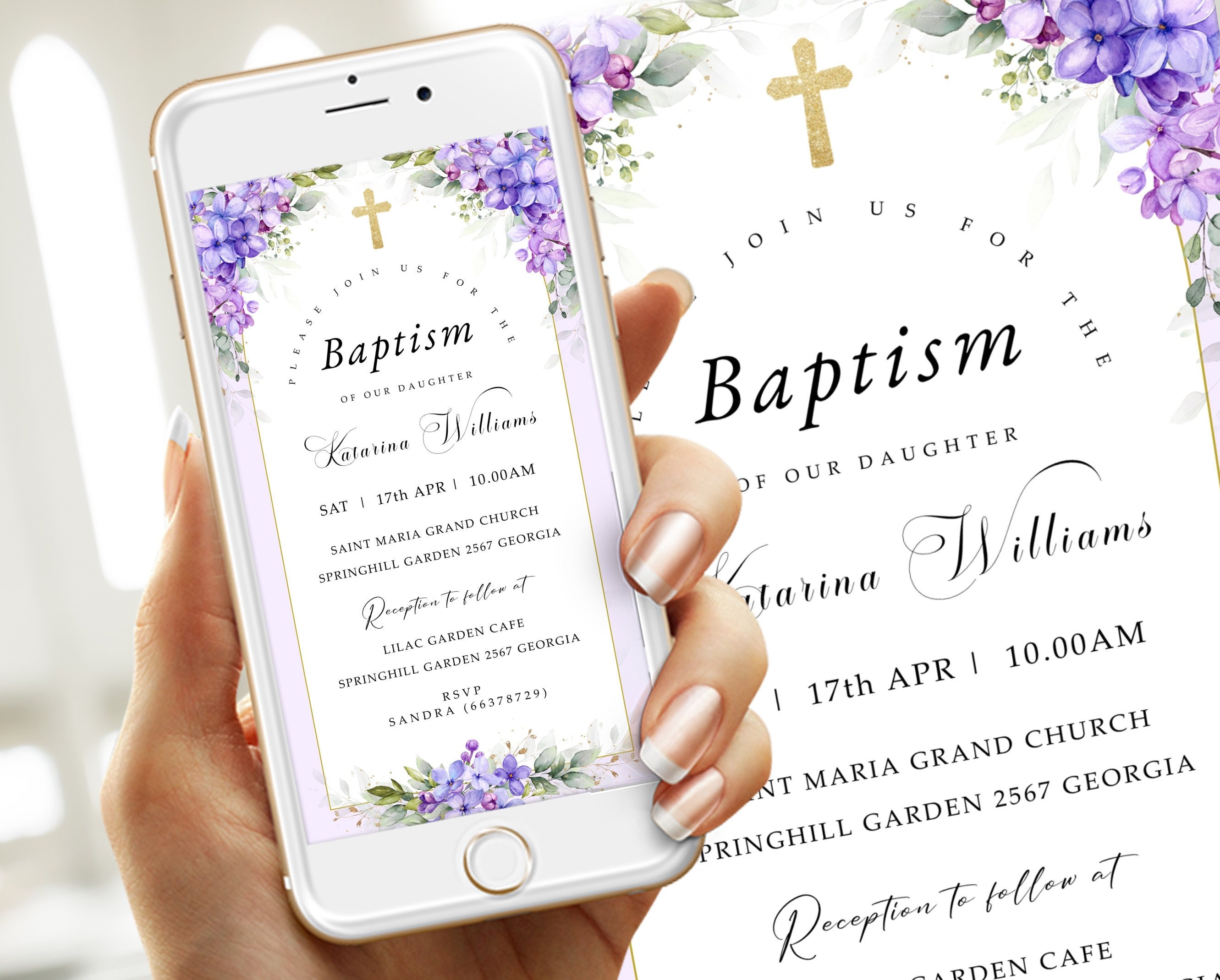 Digital Baptism Text Invitation Template, Lavender Flowers, Purple ...