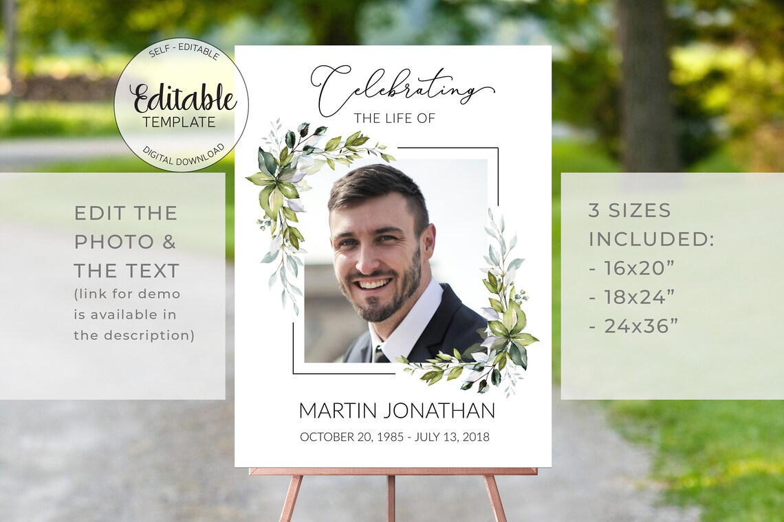 Funeral Welcome Sign Greenery Leaves, Memorial Sign Template for Men ...